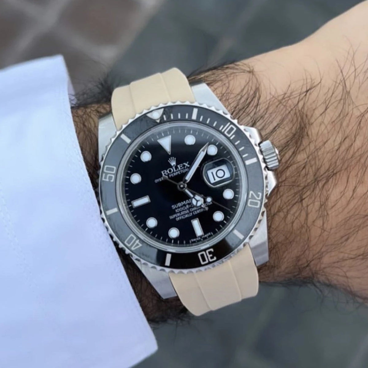 Beige Rubber Strap for Rolex Submariner – Minimalist Look | Helvetus®